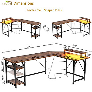 SZXKT L Shaped Gaming Desk with Power Outlets and Monitor Stand, Computer Desk with LED Lights,Home Office Desks Large Writing Study Table Workstation with Hooks Desk for Bedroom, Rustic Brown