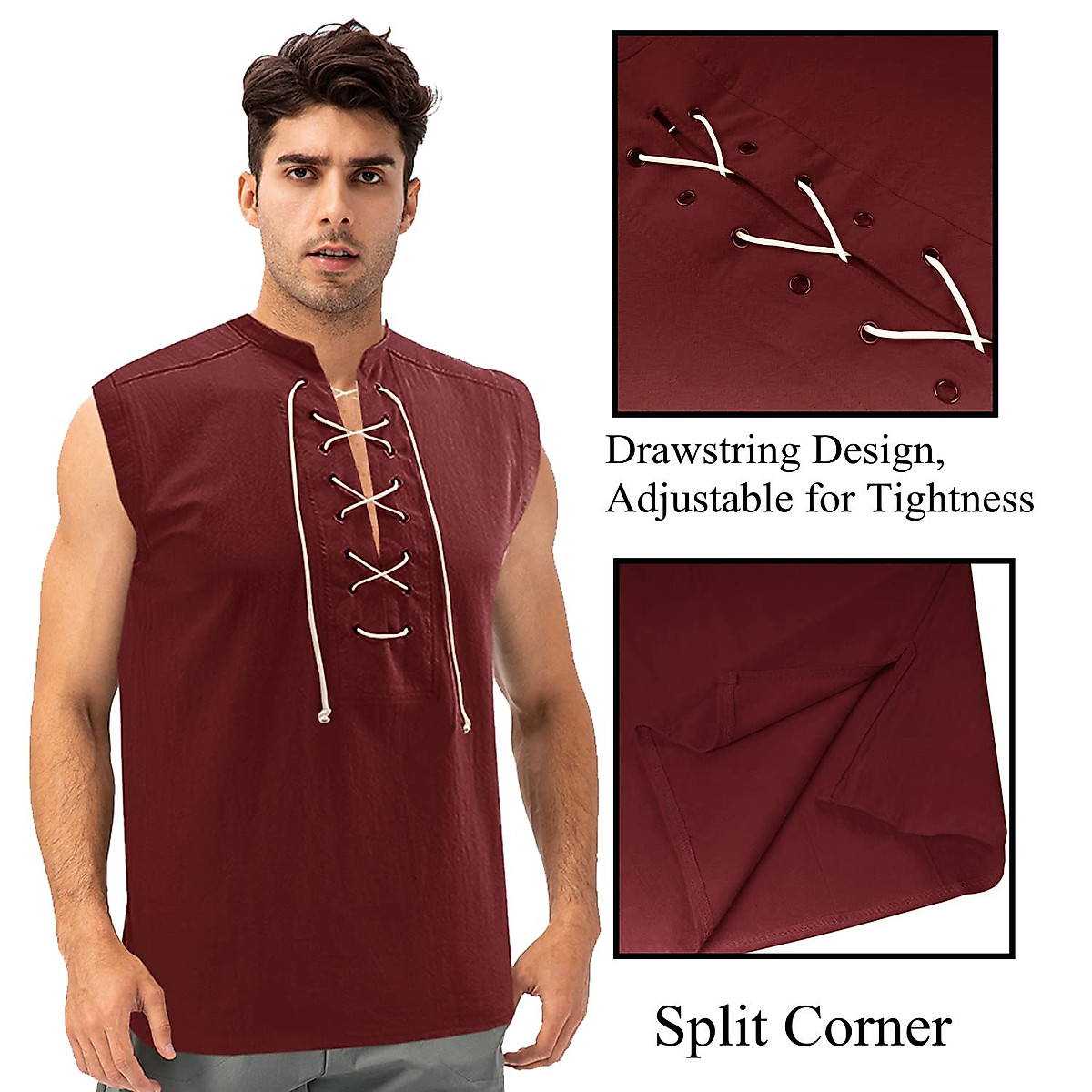 Viking Pirate Costume Men, Medieval Renaissance Shirt, Linen Gothic Victorian Vest, Sleeveless Steampunk Festival Tank Top, Plus Size Halloween Ren Faire Poet Cosplay Clothing(Red-2XL)