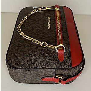 Michael Kors Jet Set Large Chain Crossbody Bag bundled with with SM TZ Coinpouch Wallet and Purse Hook (Signature MK Brown/Flame)