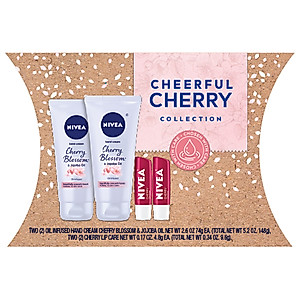 NIVEA Cheerful Cherry Gift Set, NIVEA Hand Cream with Jojoba Oil (2 x 2.6 Oz) + Cherry Lip Care Lip Balm Sticks (2 x 0.17 Oz)