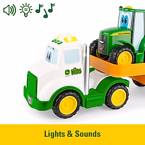 JOHN DEERE Lights & Sounds Farmin' Friends Hauling Set - Includes Toy Truck and Backhoe Tractor Toy Toys - Toddler Toys Ages 18 Months and Up