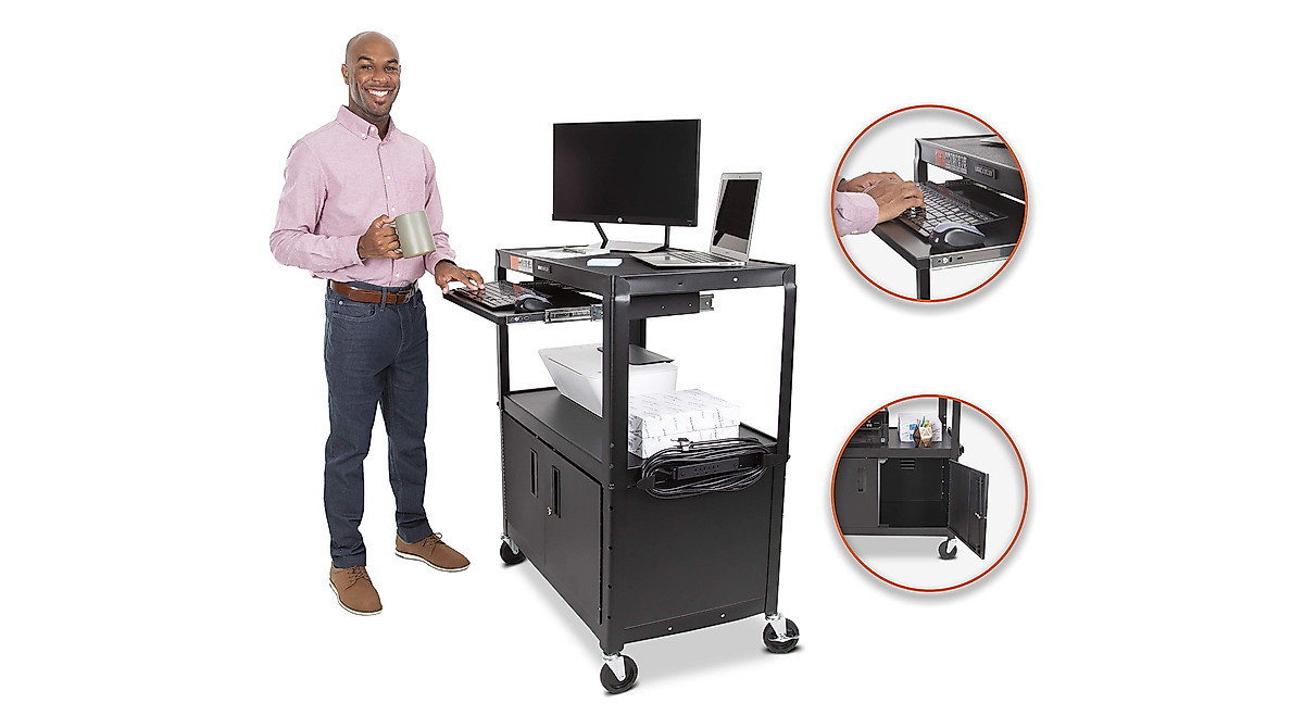 Line Leader Wide AV Cart with Locking Cabinet & Adjustable Height