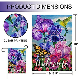 Hzppyz Welcome Spring Hummingbird Iris Garden Flag Double Sided, Purple Flower Bird Yellow Butterfly Decorative House Yard Outdoor Small Decor, Summer Floral Arrangement Home Outside Decoration 12x18