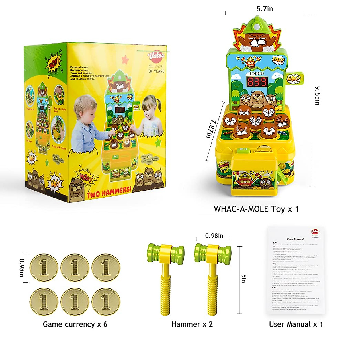 VATOS Whack Game Mole, Mini Electronic Arcade Game with 2 Hammers, Pounding Toys Toddler Toys for 3 4 5 6 7 8 Years Old Boys Girls, Whack Game Mole Toy, Developmental Toy Interactive Toy