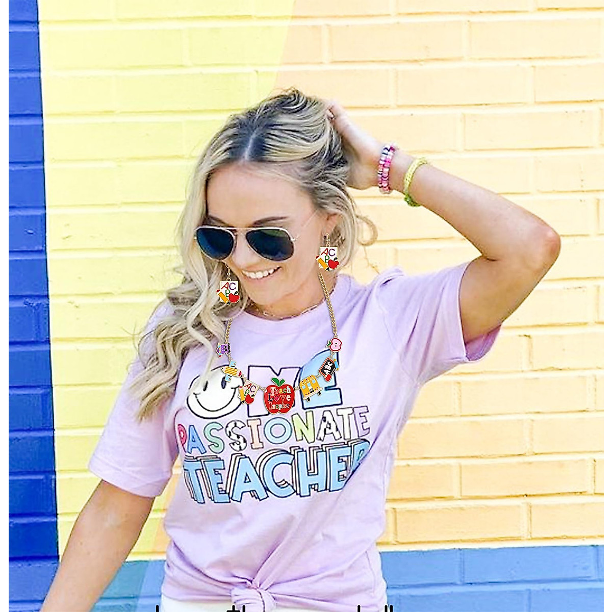 Teacher Earrings Necklace for Women Cute Back to School Apple Pencil School Bus ABC Chalkboard Owl Charms Pendant Necklace Hypoallergenic Notebook Drop Dangle School Student Earrings Jewelry Set Fun