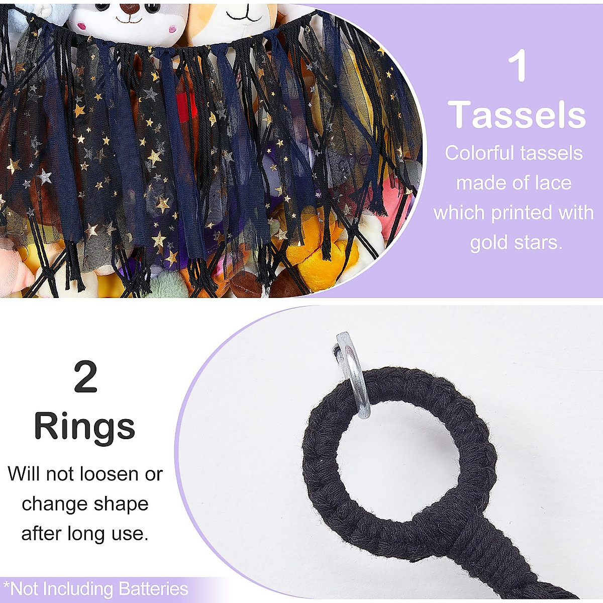 Basumee Stuffed Animals Net or Hammock with LED Light Wall Hanging Stuffed Animals Storage Large Plushie Toy Net for Stuffed Animals Hammock Room Décor with Tassels for Nursery Play Bedrooms Kids Room