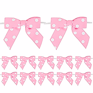 AIMUDI Baby Pink Polka Dot Ribbon Twist Tie Bows 3.5" Premade Dotted Grosgrain Ribbon Bows Pretied Bows for Treat Bags, Crafts, Gift Wrapping, Party Favors, Baby Shower, Cellophane Bag - 12 Counts