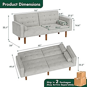 YESHOMY Futon Sofa Bed Convertible Sectional Sleeper Couch, Splitback Loveseat with Tapered Legs, 74", Small Lounge for Living Room, Study and Bedroom, Light Gray