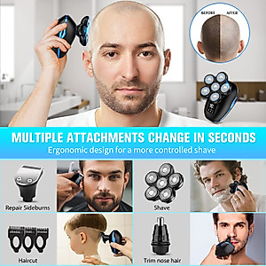 6 in 1 Electric Rotary Shaver for Bald Men - Cordless Wet/Dry IPX7 Waterproof with LED Display and Shaver Kit