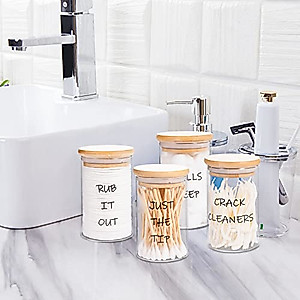 Glass Qtip Holder Bathroom Set- 4 Pack 10 oz Damp-proof Apothecary Jars Canisters with Bamboo Lids Clear Farmhouse Qtip Holder Dispenser for Cotton Swabs, Pads, Balls, Floss, Vanity Makeup Organizer