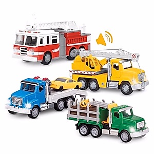 Driven by Battat – 4 Toy Vehicles for Kids&Toddlers – 7.5" Crane Truck, 7.5" Tow Truck, 7.5" Fire Truck, 7" Log Truck – Lights & Sounds – Gift Construction Toys for 3 Year Old+