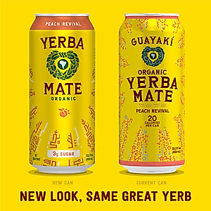 Guayakí Yerba Mate, Organic Energy Drink Alternative, Peach Revival, Low Sugar, 150mg Natural Plant Based Caffeine, Smooth Energy & Focus, No Jitters or Crash, 15.5 Oz (Pack of 12), Packaging May Vary