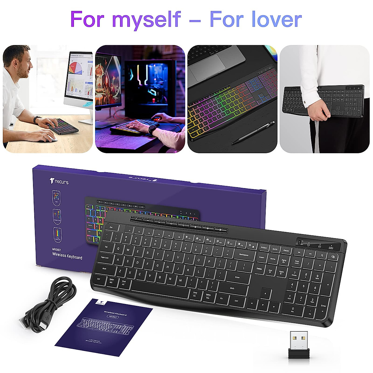 TECURS Wireless Keyboard Gaming- Light Up Keyboard Silent Ultra Slim Full Size, LED Computer Rechargeable Backlit 2.4G Keyboard with Multimedia Keys for Mac and Windows