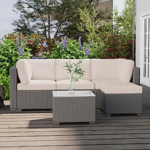 PioneerWorks 5-Piece Outdoor Patio Rattan Wicker Sofa Set, PE Rattan Conversation Sectional with Thickened Back Cushion, Glass Tabletop, Ottoman - Ideal for Courtyard Space, Beige