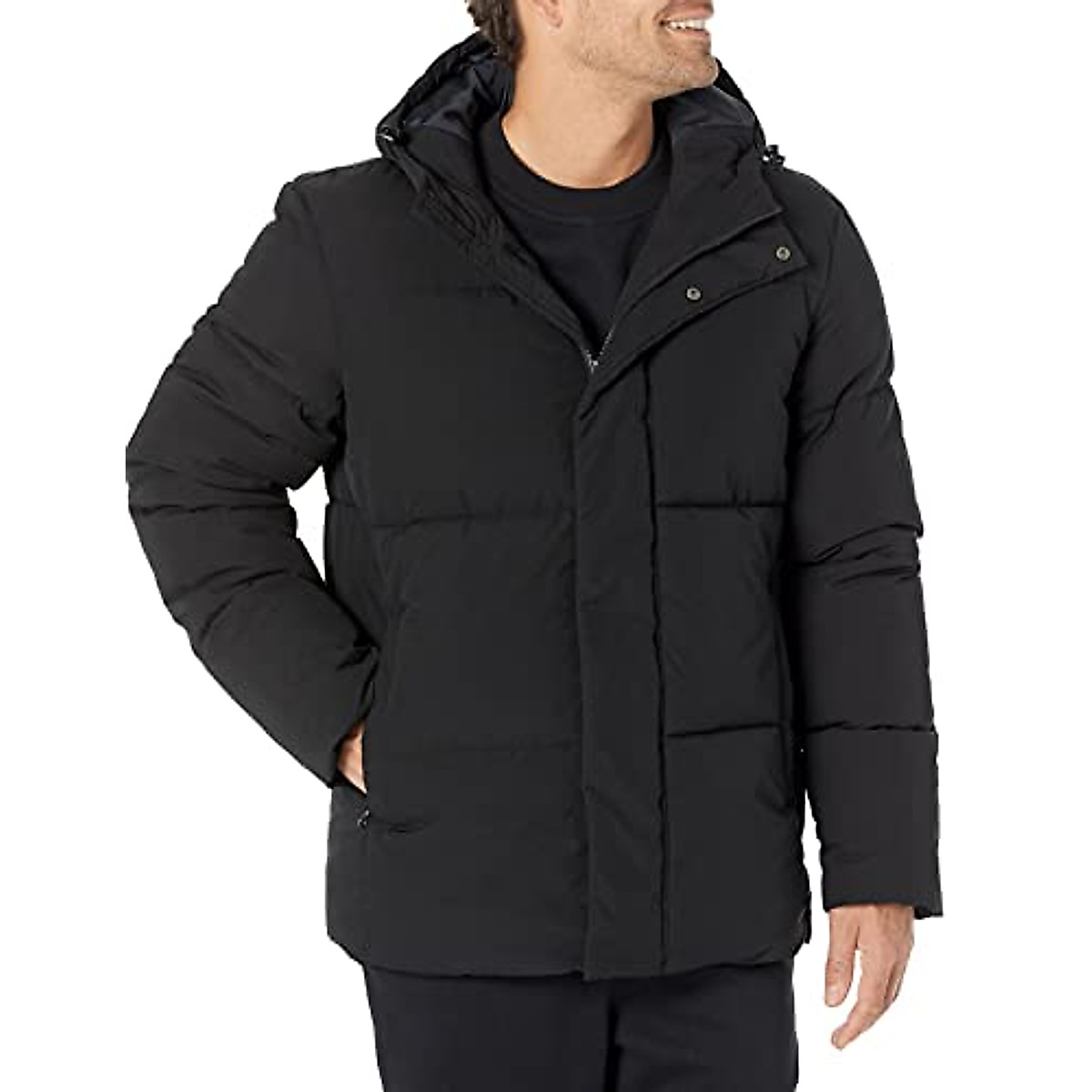 Amazon Essentials Men's Recycled Polyester Mid-Length Hooded Puffer (Available in Big & Tall), Black, Large