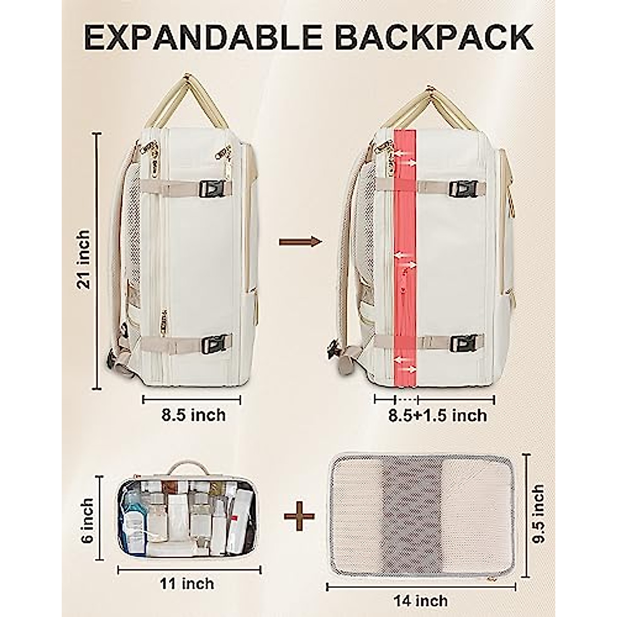 Carry on Backpack for Women, 52L TSA Travel Laptop Backpack with USB Port & Shoes Compartment Fits 17 inch Computer, Extra Large Expandable Flight Approved Weekender Bag with 2 Packing Cubes, Beige