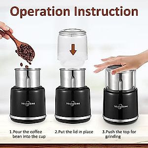 Telcuisine Coffee Bean Grinder, 200ml Small Coffee Grinder Electric Espresso Grinder with 304 Stainless Steel Blades for Beans, Nuts, Herbs, Grain and Salt, Spice Grinder with Cleaning Brush, 200W