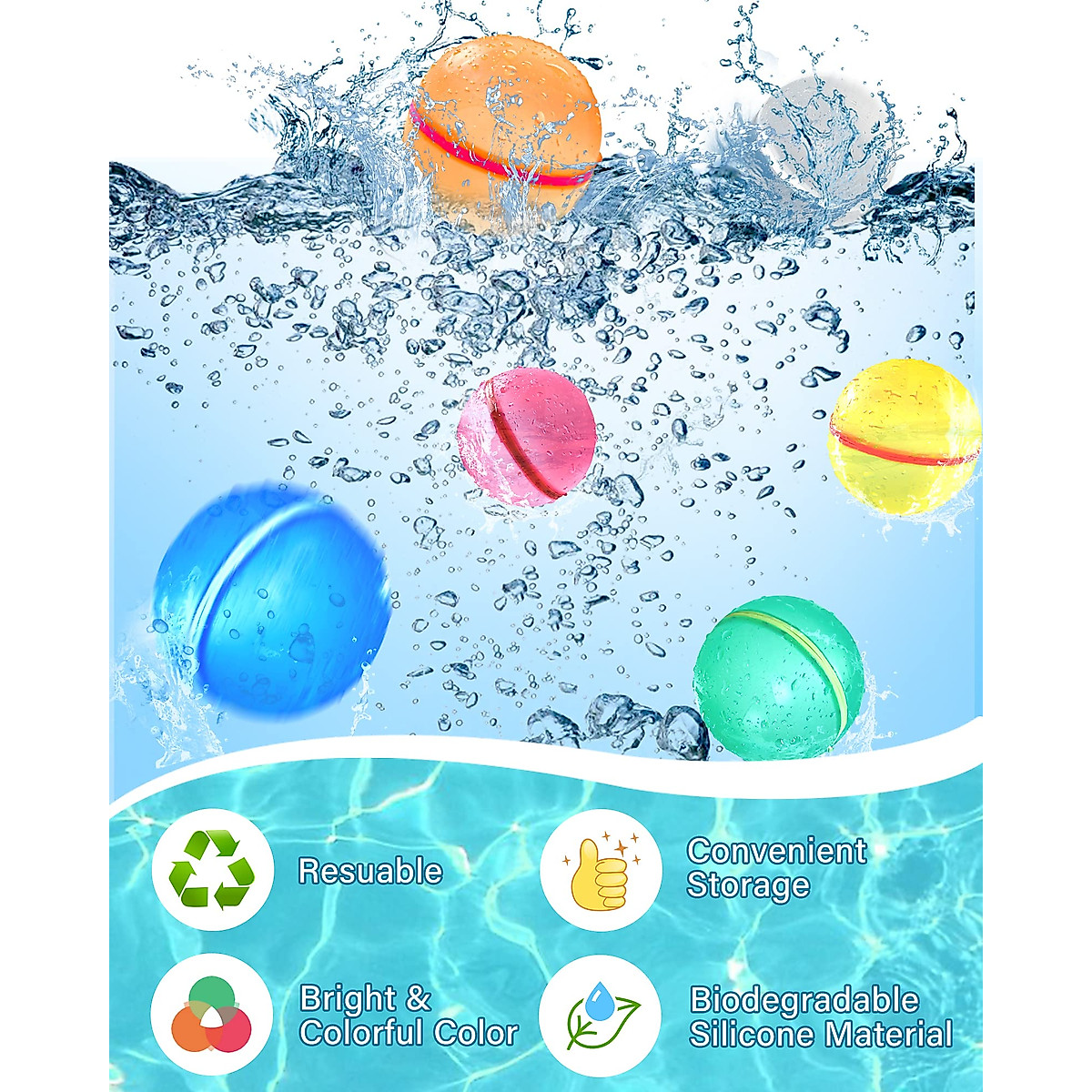 KOKODI Reusable Water Balloons for Kids, Self-Sealing Splash Water Balls Refillable, Quick Fill Pool Toys for Kids Games Outdoor (4 PCS)