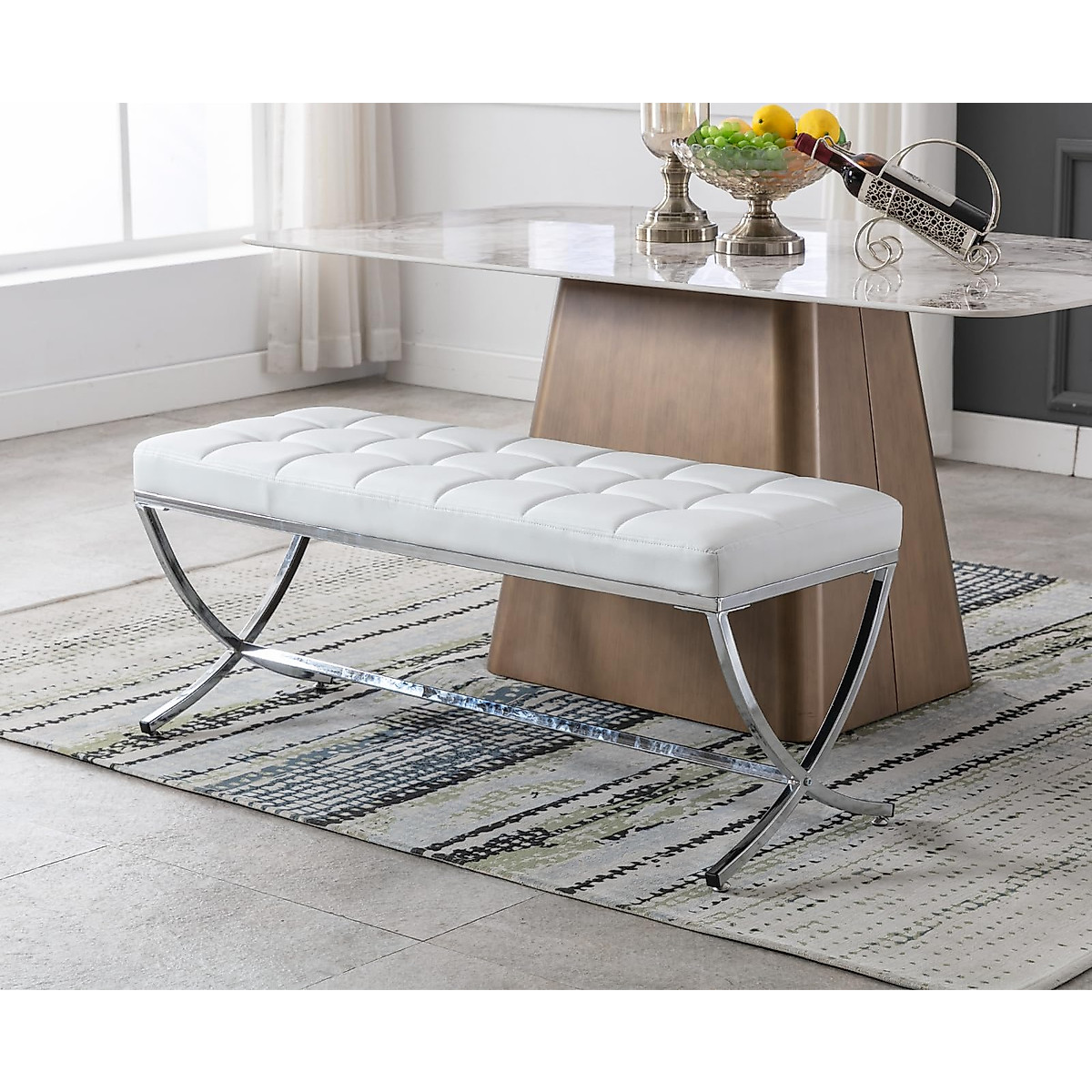 Shunzhi Modern Entryway Bench Modern Faux Leather Dining Bench Upholstered End of Bed Bench Button Tufted Ottoman Stool Bench Waiting Room Bench with Metal Legs for Living Room/Bedroom, White