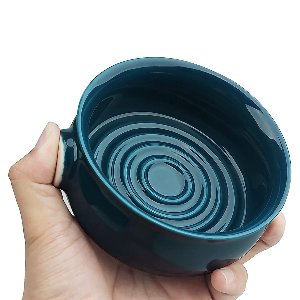 Linkidea Ceramic Shaving Soap Bowl with Non-slip Handle, Wide Mouth, Large Capacity, Easier to Lather Ridges, Wet Razor Shave Cream Bowl for Men, Lake Blue