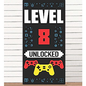 Level 8th Unlocked Happy 8th Birthday Level Up Banner Backdrop Background Photo Booth Props Video Games Gamepad Theme Decor for Boys Girls 8th Birthday Party Favors Supplies Decorations