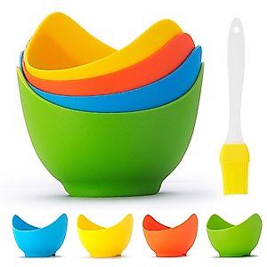 Mikim Egg Poachers Silicone Egg Poacher Cups with Ring Standers, Nonstick Egg Poaching Cups Poached Egg for Stovetop Air Fryer, BPA Free Egg Cooking Cups with Extra Oil Brush, 4 Pack