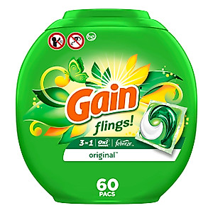 Gain flings! Laundry Detergent Soap Pacs HE Compatible 60 ct Long Lasting Scent Original Scent