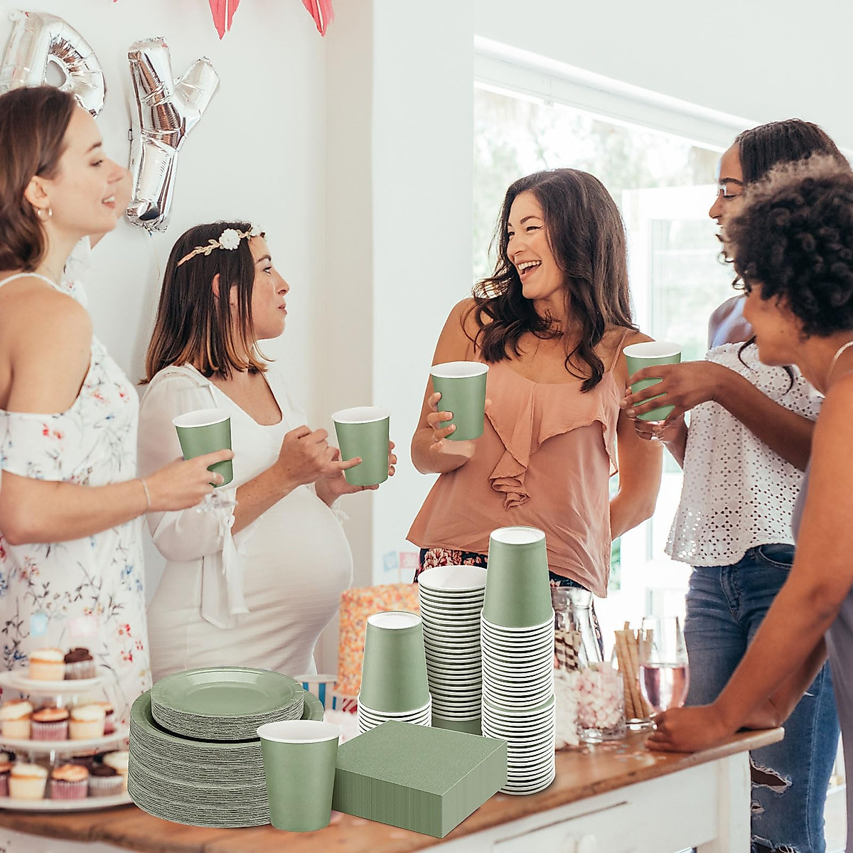 Dandat 200 Pcs Sage Green Dinnerware Set Sage Party Supplies 50 Pcs 7'' Disposable Plates 50 Pcs 9'' Paper Plates 50 Pcs Paper Cups 50 Pcs Napkins for Birthday Baby Shower Wedding Party (Sage Green)