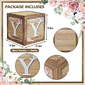 RUBFAC Rustic Floral Brown Baby Boxes with Letters for Baby Shower, 4pcs Baby Shower Decorations for Girls Baby Blocks Birthday Party Gender Reveal Photo Props for Girl Boy