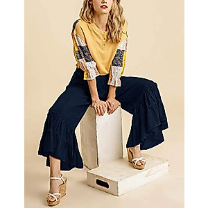 Mundoven Flowy Palazzo Linen Pants for Women Elastic High Waisted Wide Leg Ruffle Ruched Loose Beach Trousers (0004-Blue-XL)