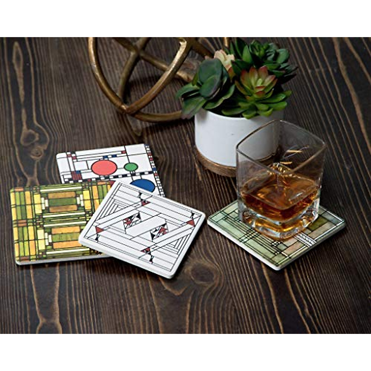 CoasterStone Absorbent Stone Coasters, Frank Lloyd Wright, Art Glass Designs, Multi-Colored