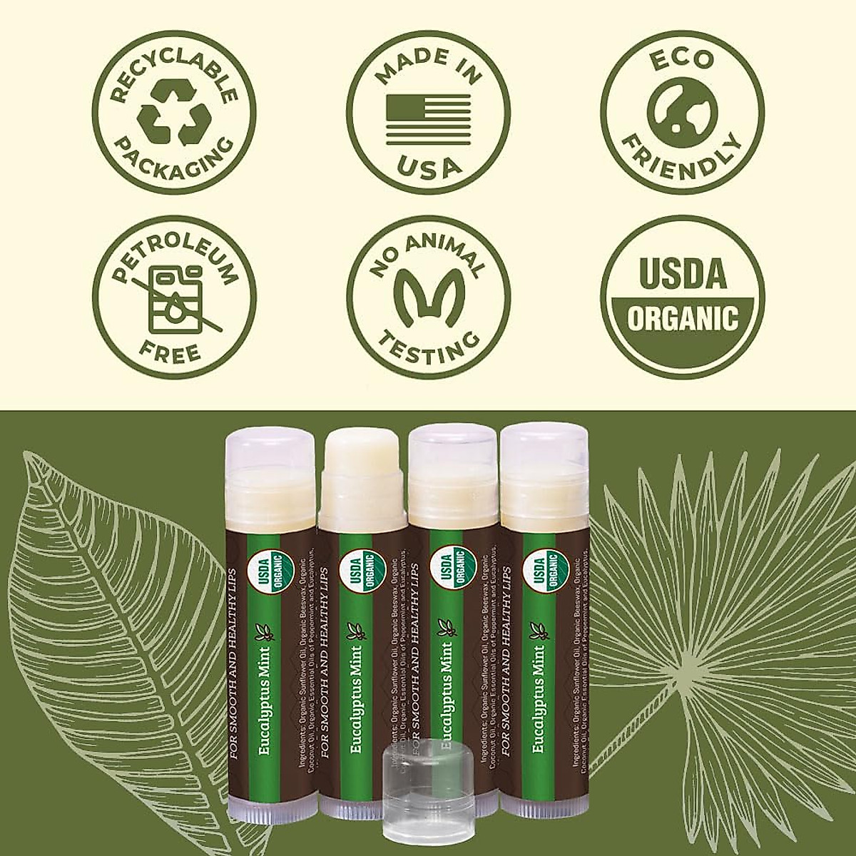 USDA Organic Lip Balm 4-Pack by Earth's Daughter- Eucalyptus Mint Flavor, Beeswax, Coconut Oil, Vitamin E - Best Lip Repair Chapstick for Dry Cracked Lips.