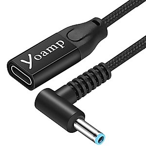 USB C to Blue Tip Charge Cable Adapter for hp 19.5V 45W 65W Laptop AC Power Supply for Pavilion elitebook Stream touchsmart 11 13 14 15 Folio 1040 g1 Spectre ultrabook 13 (Female Nylon USB-C to 4.5mm)