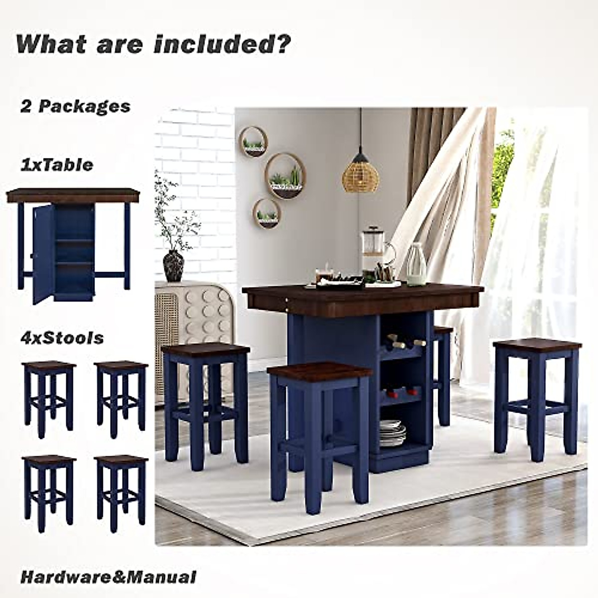 Merax 5 Pieces Dining Table Set, Farmhouse Wood Counter Height Dining Set, Kitchen Table with 3-Tier Adjustable Storage Shelves, Wine Racks and 4 Stools (Brown and Blue)