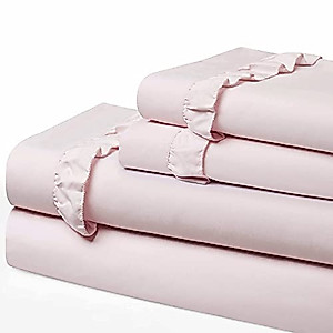 Swift Home Ultra-Soft Elegant 2-inch Ruffled Hem Design on Flat Sheet and Pillowcases, Wrinkle Resistant, Fade Resistant, Deep Pocket, Double Brushed 4-Piece Microfiber Sheet Set - Full, Rose Blush