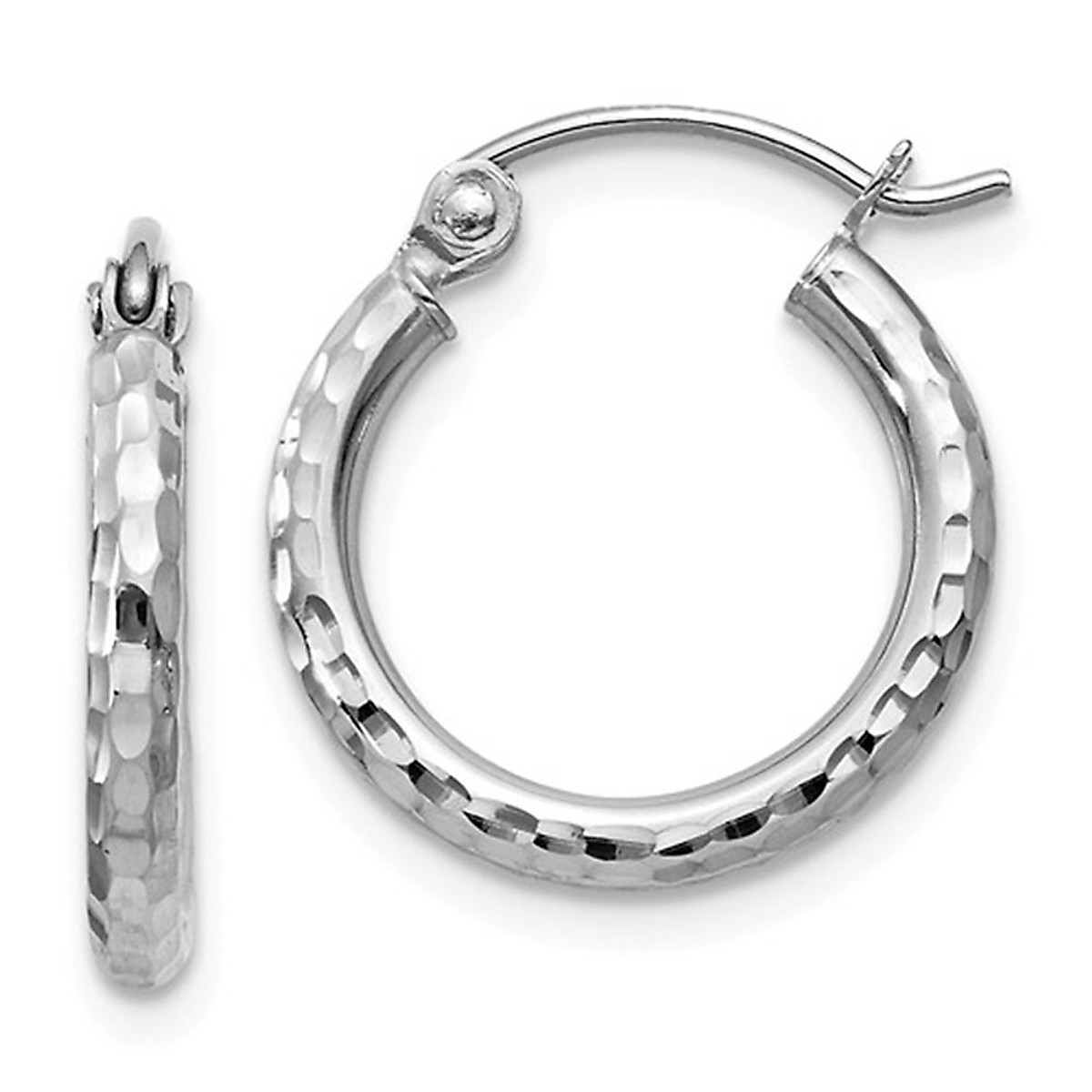 Small 14k White Gold Diamond Cut Hoop Earrings, (2mm Tube) (.6 inch - 15mm)