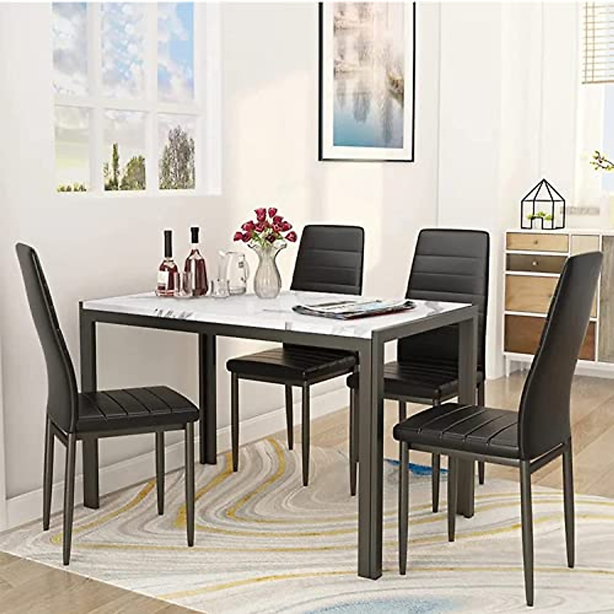 DKLGG 5 Piece Dining Room Table Set, Modern Kitchen Table Set for 4, Faux Marble Dinner Table with 4 Dining Chairs, Dining Table Sets for 4 Home Furniture for Small Spaces, Dining Room