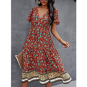 TEMOFON Summer Dresses for Women 2024 Boho Sun Maxi Beach Sundresses Summer Floral Short Sleeve V Neck Bohemain Flowy Loose Casual Cute Spring Trendy Vacation Dress Red