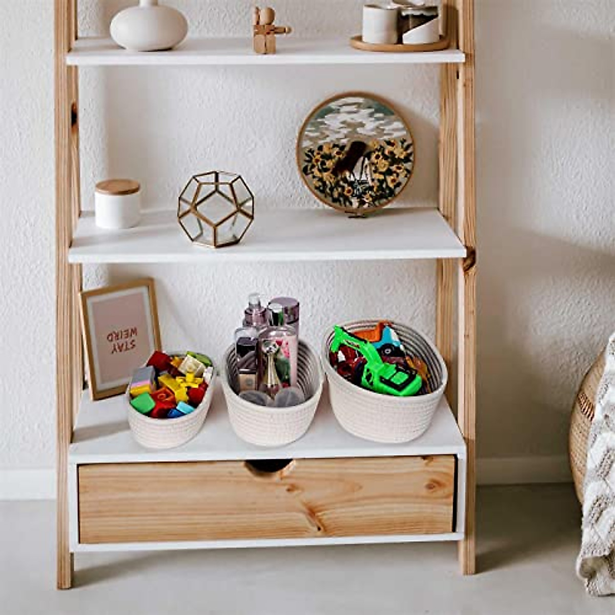 Seaokais Set of 3 Cotton Rope Storage Basket, Small, Oval, White