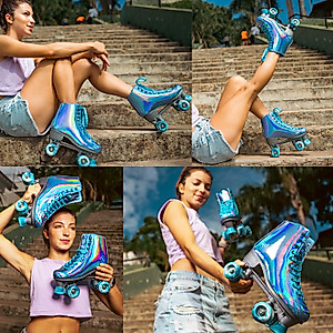 JajaHoho Roller Skates for Women, Shiny Holographic High Top Rollerskates, Mixture Color Double-Row Four Colour Frozen Wheels Quad Skates for Girls Age 8-51 Indoor Outdoor (Very Peri Blue, Size 8)