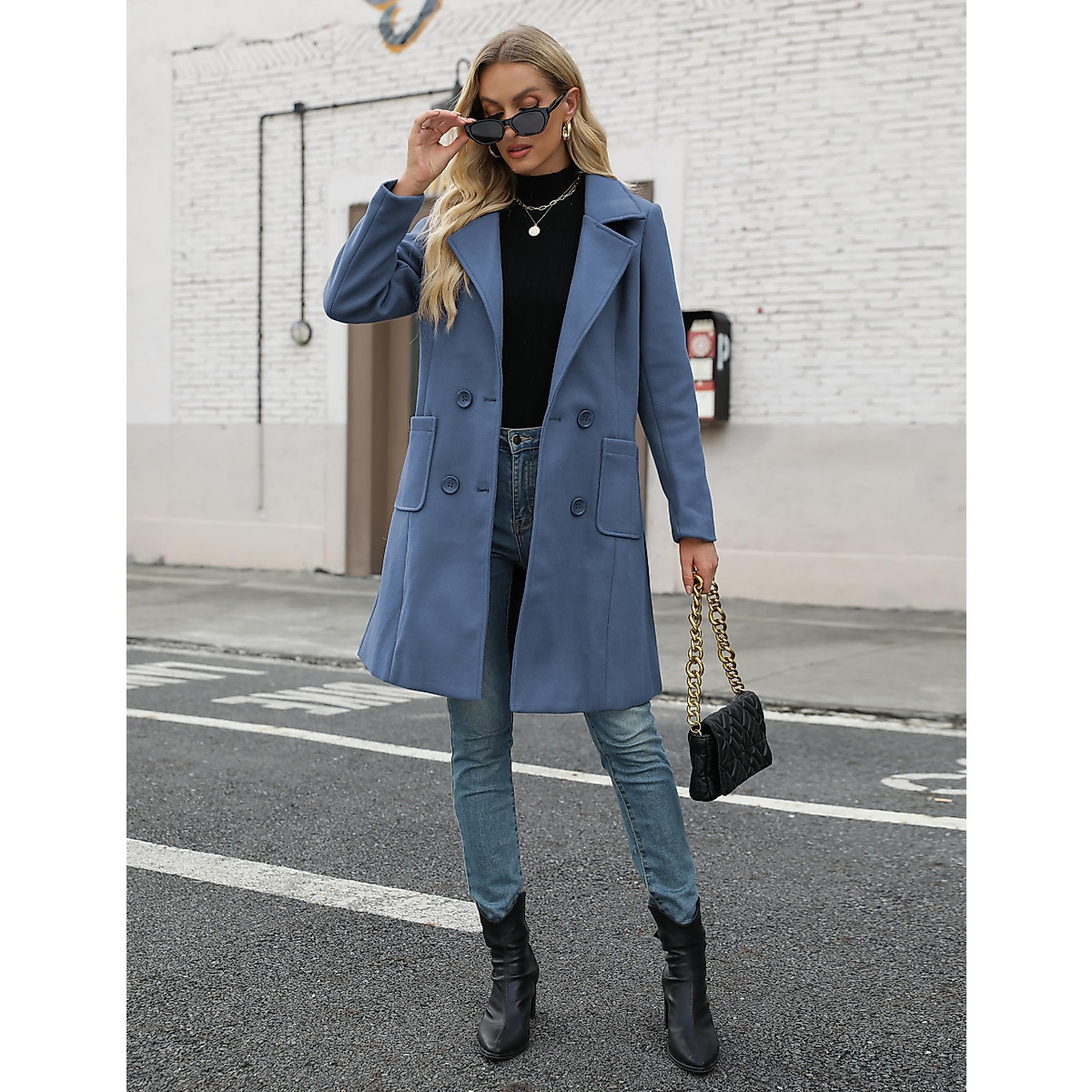 Bankeng Women Winter Wool Blend Camel Mid-Long Coat Notch Double-Breasted Lapel Jacket Outwear (Blue,XL)