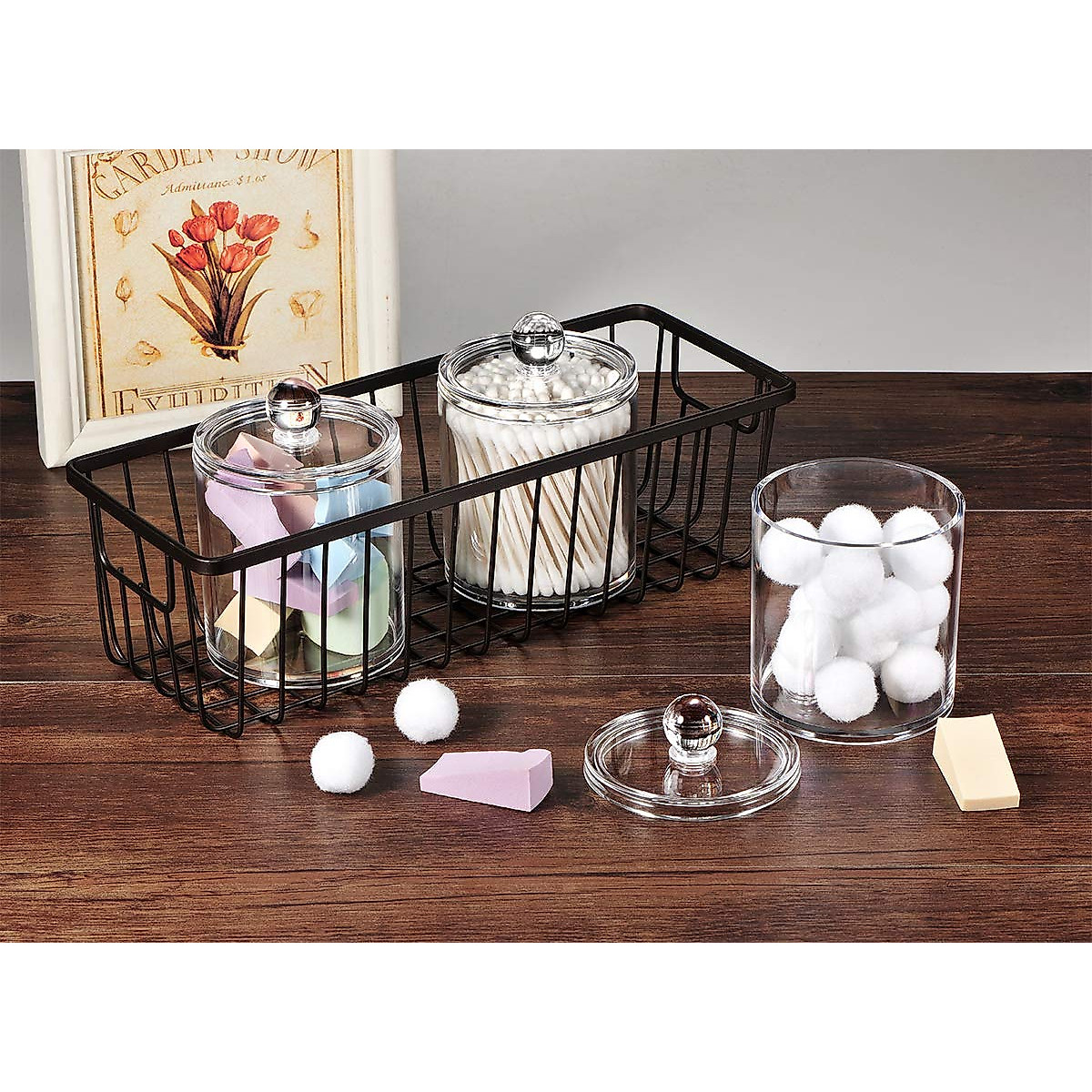 6 Pack of 12 Oz. Qtip Dispenser Apothecary Jars Bathroom with Labels - Qtip Holder Storage Canister Clear Plastic Acrylic Jar for Cotton Ball,Cotton Swab,Cotton Rounds,Floss Picks, Hair Clips (Clear)