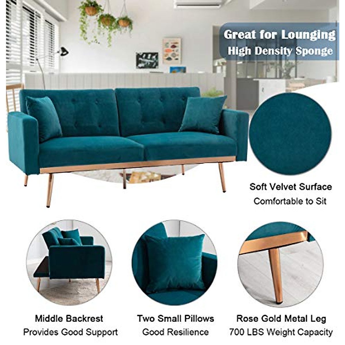 SLEERWAY Velvet Futon Sofa Bed with 5 Golden Metal Legs, Sleeper Sofa Couch with Two Pillows, Convertible Loveseat for Living Room and Bedroom, Teal