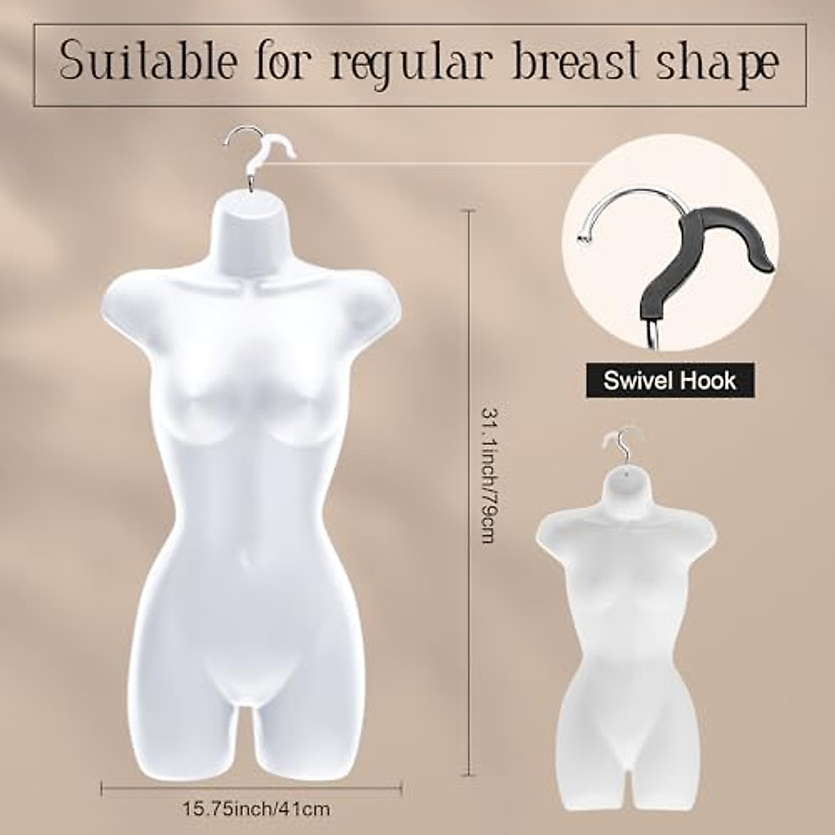 6 Pcs Hanging Mannequin Body Torso Female Women Dress Form with Hanger Hook Hip Long Hollow Back Mannequin Torso Thickened Plastic Shirt Display White (31.1 x 16.1 Inch)