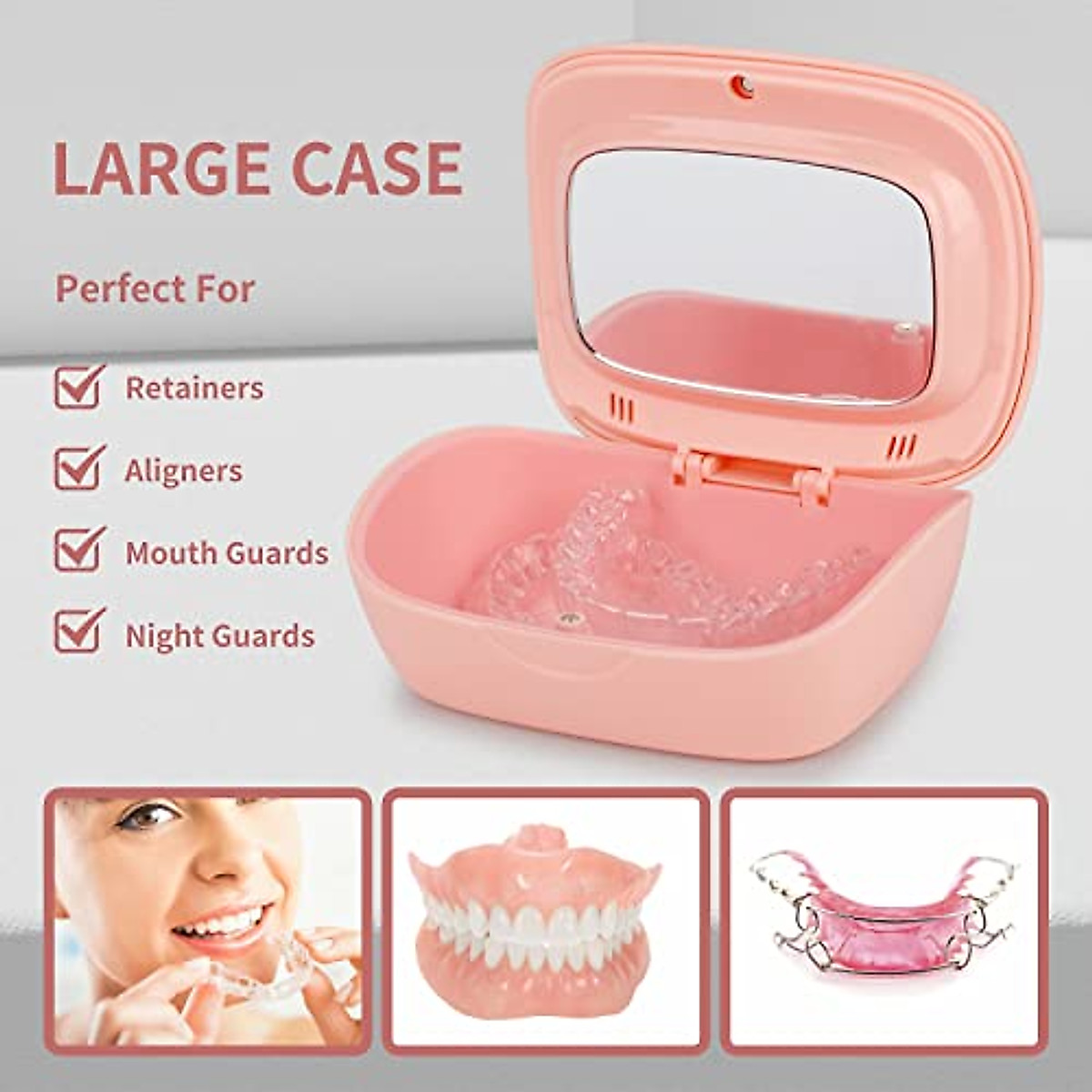 MURRI&MURRDI Retainer Case,Denture Case,Denture Bath Box with Strainer Basket,Cute Denture Holder Storage Soak Container for Travel Cleaning, Mouth Guard Case, Braces cleaner Cup (H Pink)