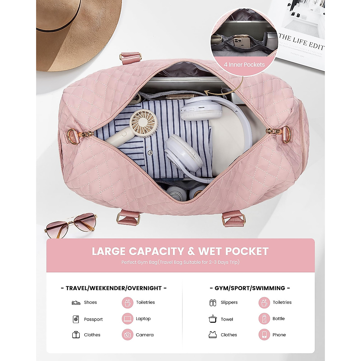 LOVEVOOK Travel Duffle Bag, Weekender Bag for Women with Toiletry Bag, Carry on Overnight Bag with Shoe Compartment, Gym Duffel Bag with Wet Pocket, Mommy Hospital Bags for Labor and Delivery