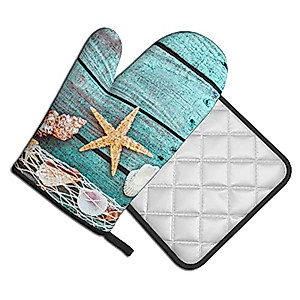 Pretty Turquoise Blue Nautical Oven Mitts and Pot Holders Sets Heat Resistant Kitchen Microwave Gloves for Baking Cooking Grilling BBQ