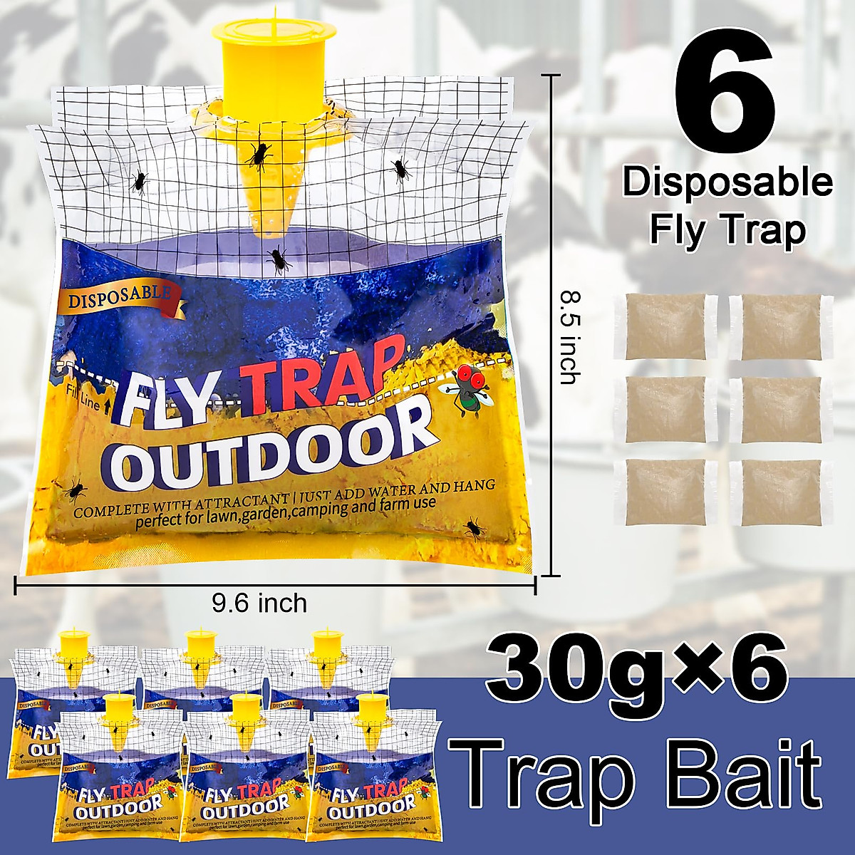 Glovv 6 Pack Disposable Fly Traps Outdoor Hanging, Fly Trap Bags with Natural Attractant Bait, Flying Insect Trap and Bug Catcher Control Flies in Barn Farm or Ranch, Patio
