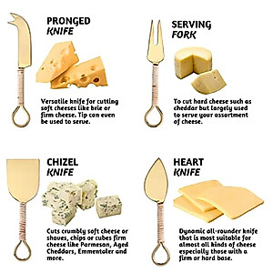 Folkulture Set of 4 Cheese Knife Set for Charcuterie Board, Gold Charcuterie Utensils or Accessories, Cheese Board Knives and Fork Set, Cheese Tools Collection for Christmas Gifts