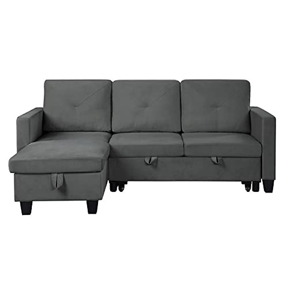 BOWERY HILL Dark Gray Velvet Reversible Sleeper Sectional with Storage Chaise